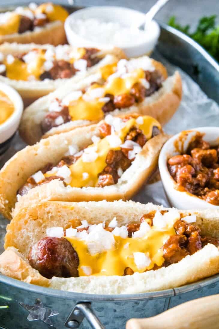 Chili Cheese Brats - Gimme Some Grilling