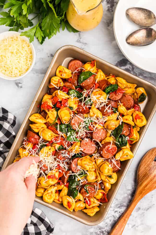 Blackstone Tortellini with Kielbasa, Spinach and Tomatoes - Gimme Some Grilling