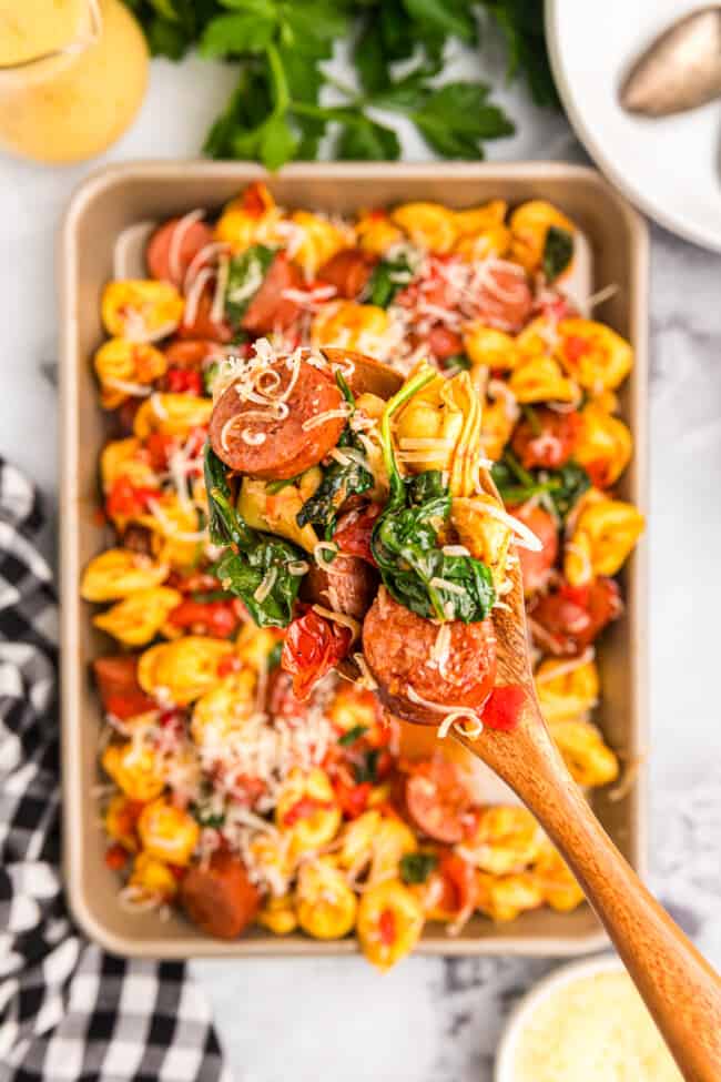 Blackstone Tortellini with Kielbasa, Spinach and Tomatoes - Gimme Some Grilling